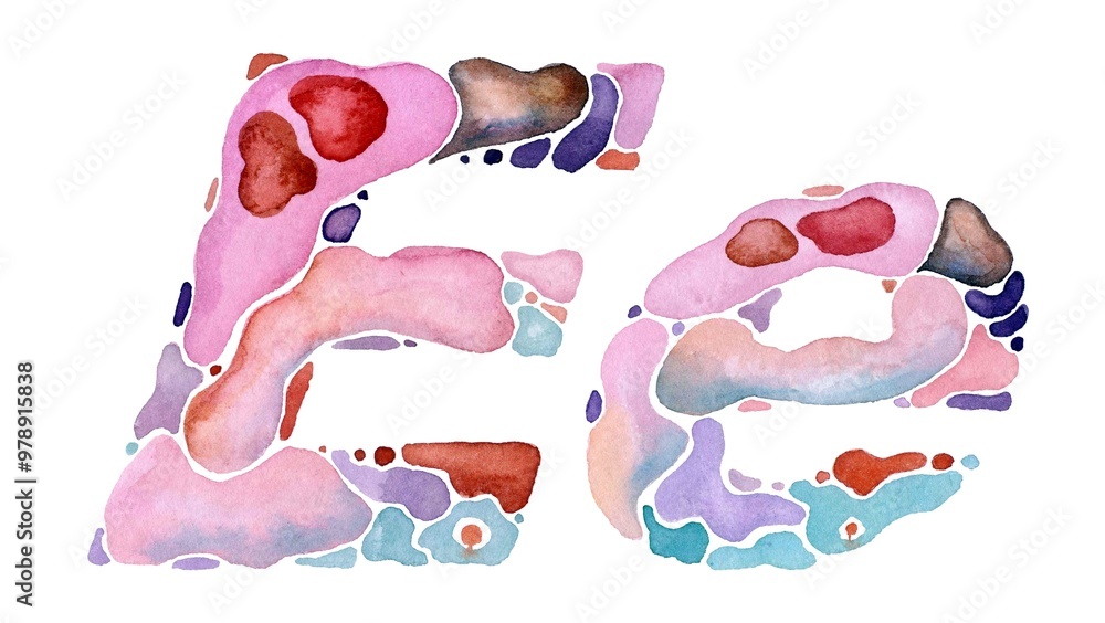 Handcrafted watercolor illustration of pink uppercase and lowercase letters "E" and "e" with ...