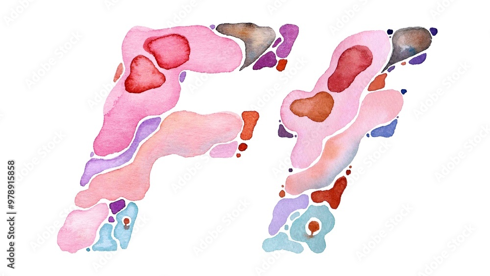 Watercolor illustration of pink uppercase and lowercase letters "F" and ...