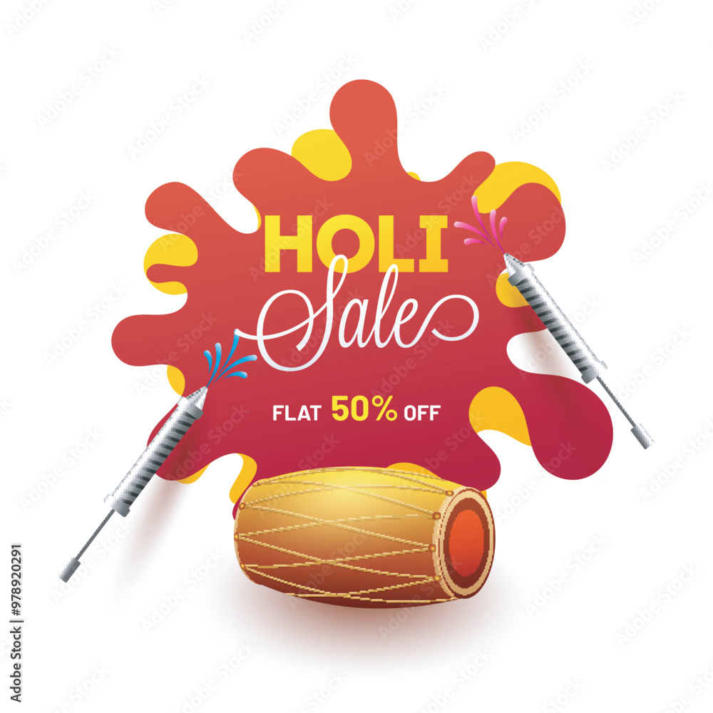Holi sale template design with illustration of dhol (Drum) and water ...