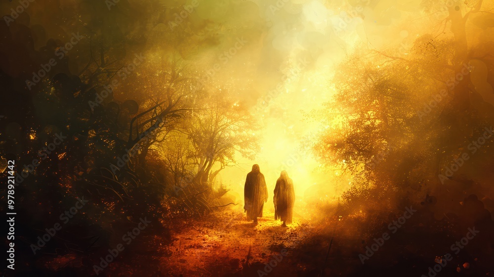 Jesus walks with two disciples on the road to Emmaus their hearts ...