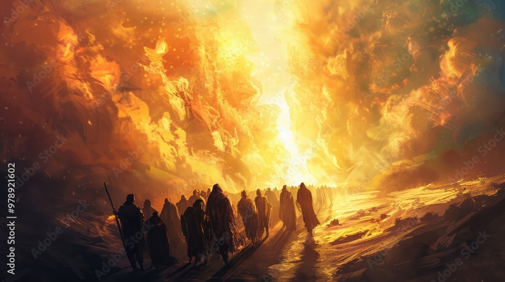 Moses leads the Israelites out of Egypt their faces aglow with hope as ...