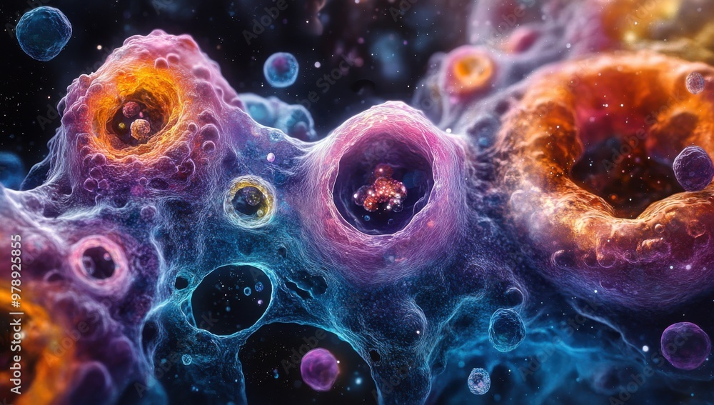 An intricate, colorful visualization of cells in various stages and ...