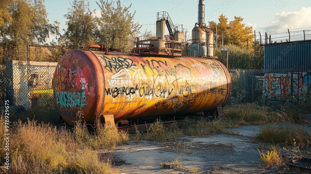 Graffiti-adorned stainless steel tank, placed in a gritty urban ...