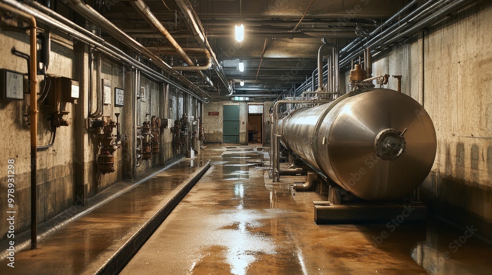 Industrial underground bunker, featuring a large half-submerged ...