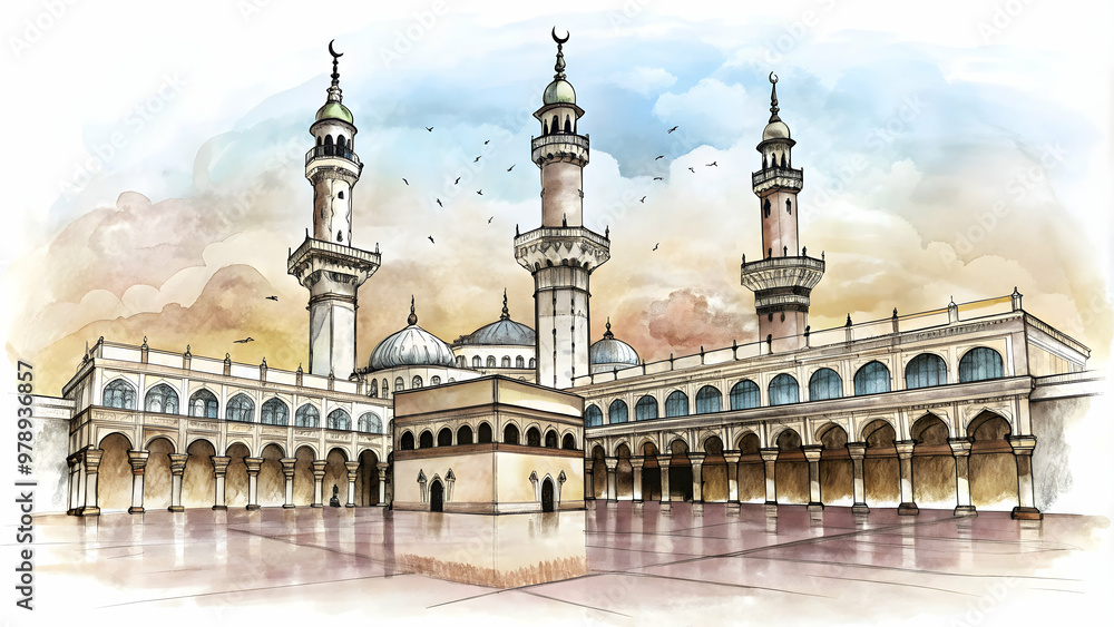 Ink sketch of the Holy Mosque in Mecca , Mecca, Islam, Saudi Arabia ...