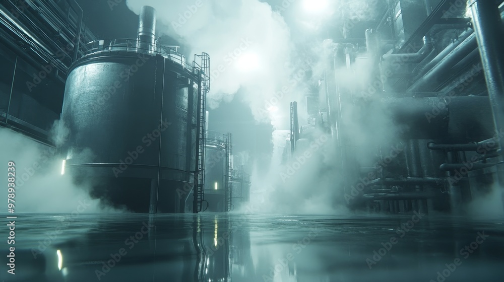 Liquid nitrogen storage tank in an industrial setting, surrounded by ...