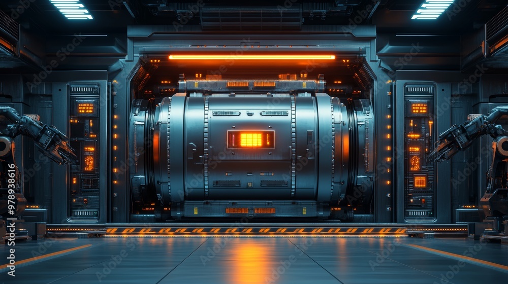 Massive steel tank with warning lights flashing, surrounded by robotic ...