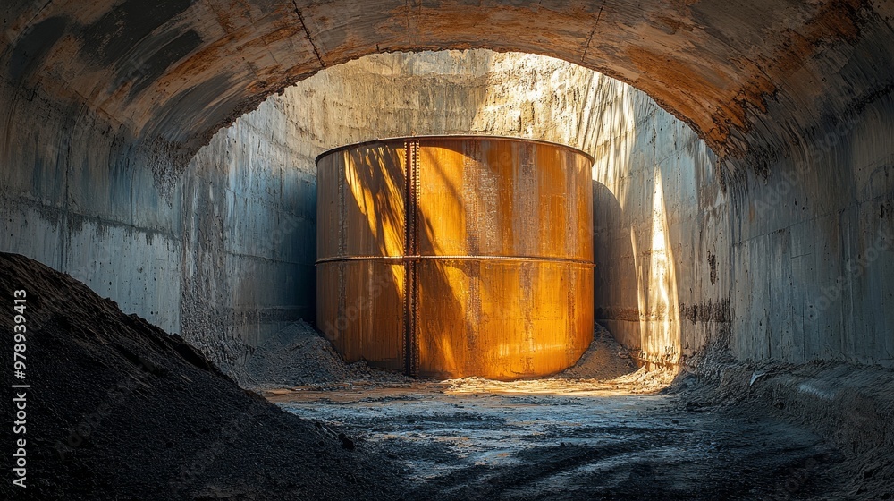 Partially exposed stainless steel tank embedded in an underground ...