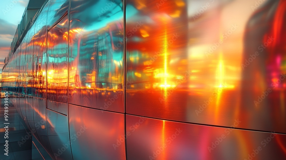 Reflective stainless steel tank, the sunset's colors dancing on its ...