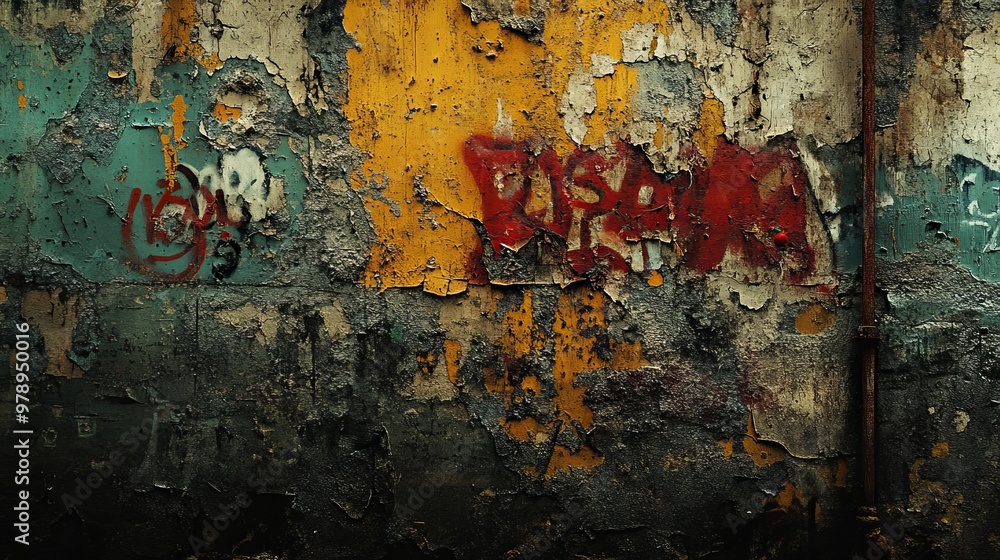 Faded graffiti on a worn, rusted wall, layers of decay and chipped ...