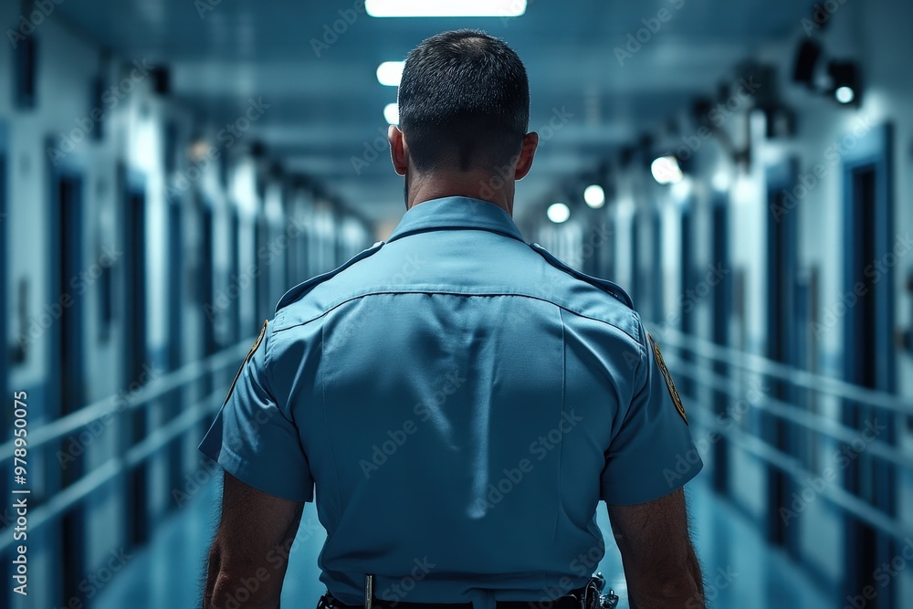 A photograph showing a security guard in uniform patrolling a hallway ...