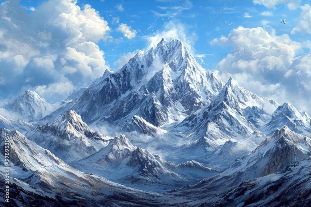 A majestic, snow-capped mountain peak rises above a range of peaks under a bright blue sky with ...