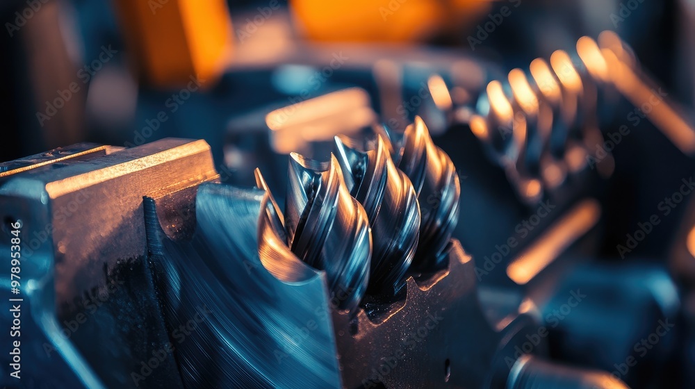 Cutting tools close-up in an industrial warehouse, the sheen of the ...