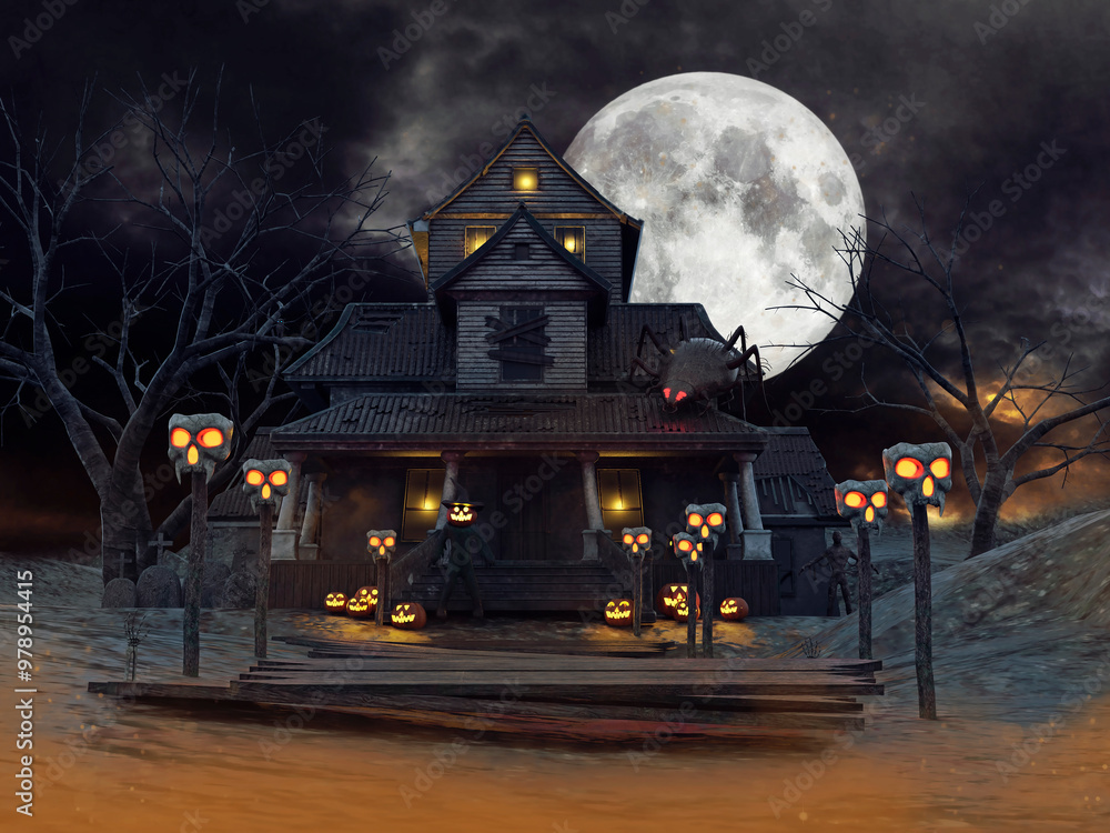 Spooky haunted halloween mansion with creepy lanterns outside and a big ...