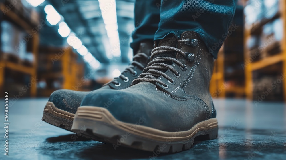 Rugged safety shoes in a warehouse, close-up with the metallic sheen ...