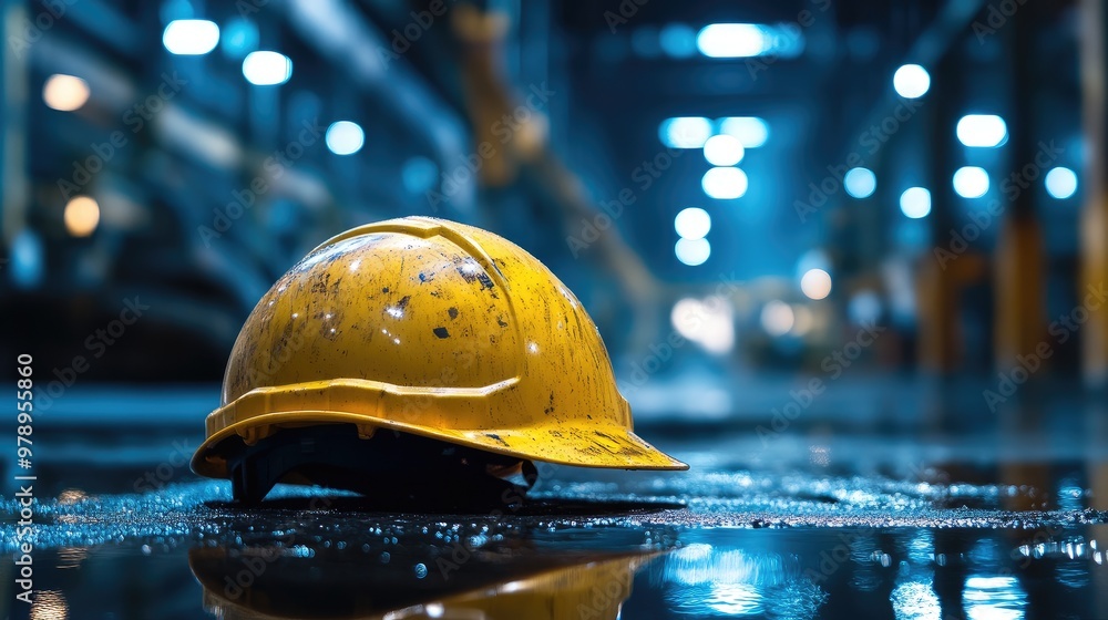 Safety helmet close-up in an industrial warehouse, metallic texture and ...