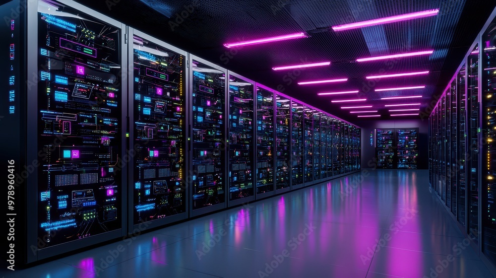 Modern Server Room with Neon Lights and Digital Interfaces Stock ...