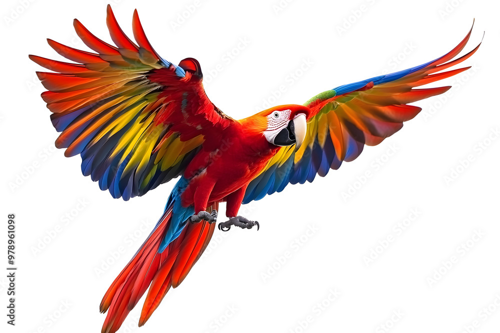 Scarlet macaw parrot flying isolated white background isolated Stock ...