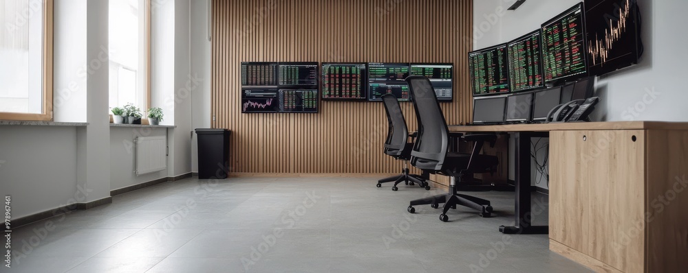 Modern office interior with trading monitors, ergonomic chairs, and ...