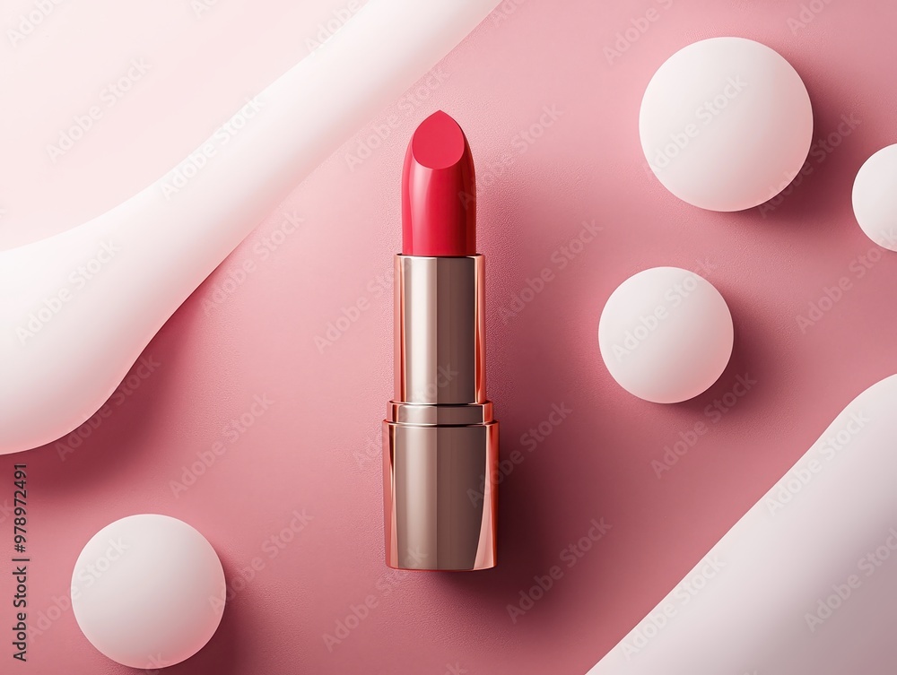 Red lipstick on metallic base with floating spheres, minimalist pink ...