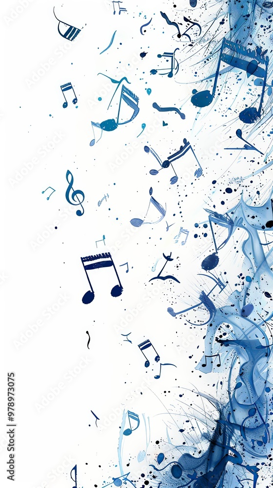 An abstract vertical design with blue musical notes and wave-like ...