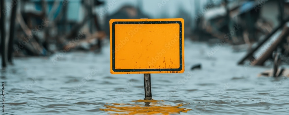 A submerged warning sign reveals the impact of flooding, highlighting ...