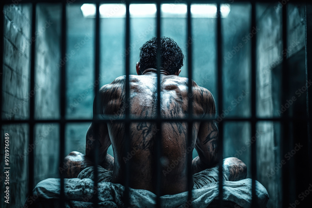 A muscular prisoner showcases his back tattoos while sitting in a dimly ...