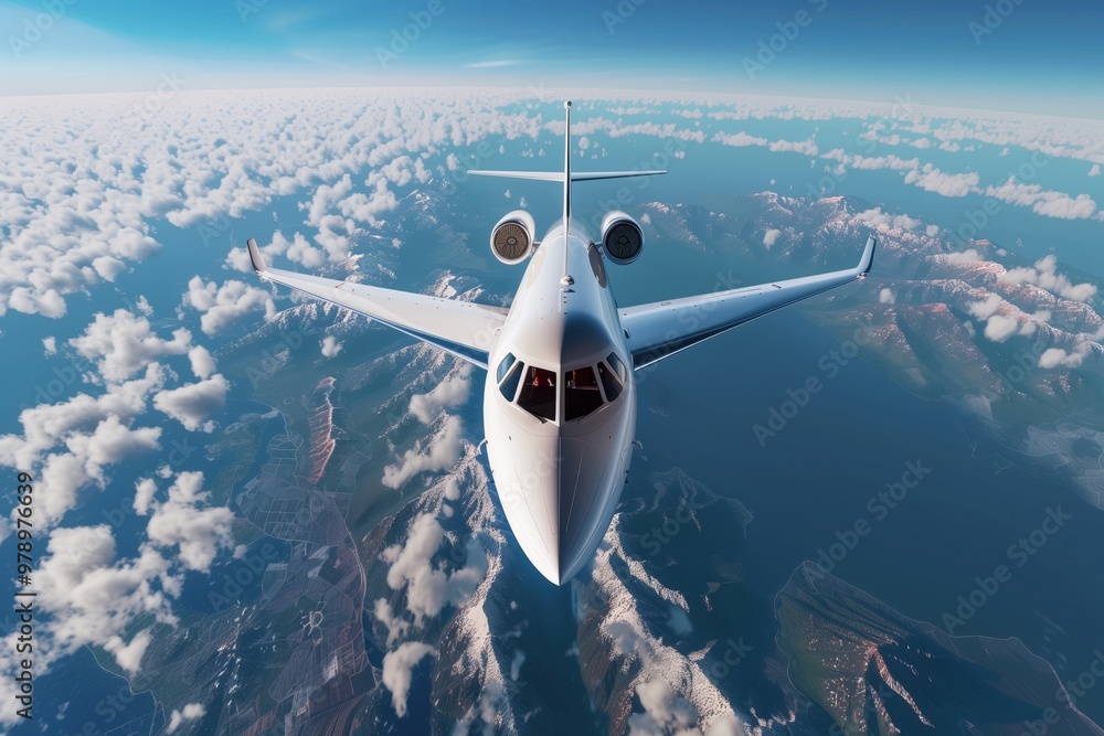 Realistic photo of a white luxury private jet flying over the ground ...