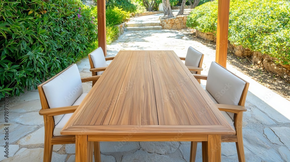 Teak wood dining set under a pergola in an outdoor setting, alfresco ...