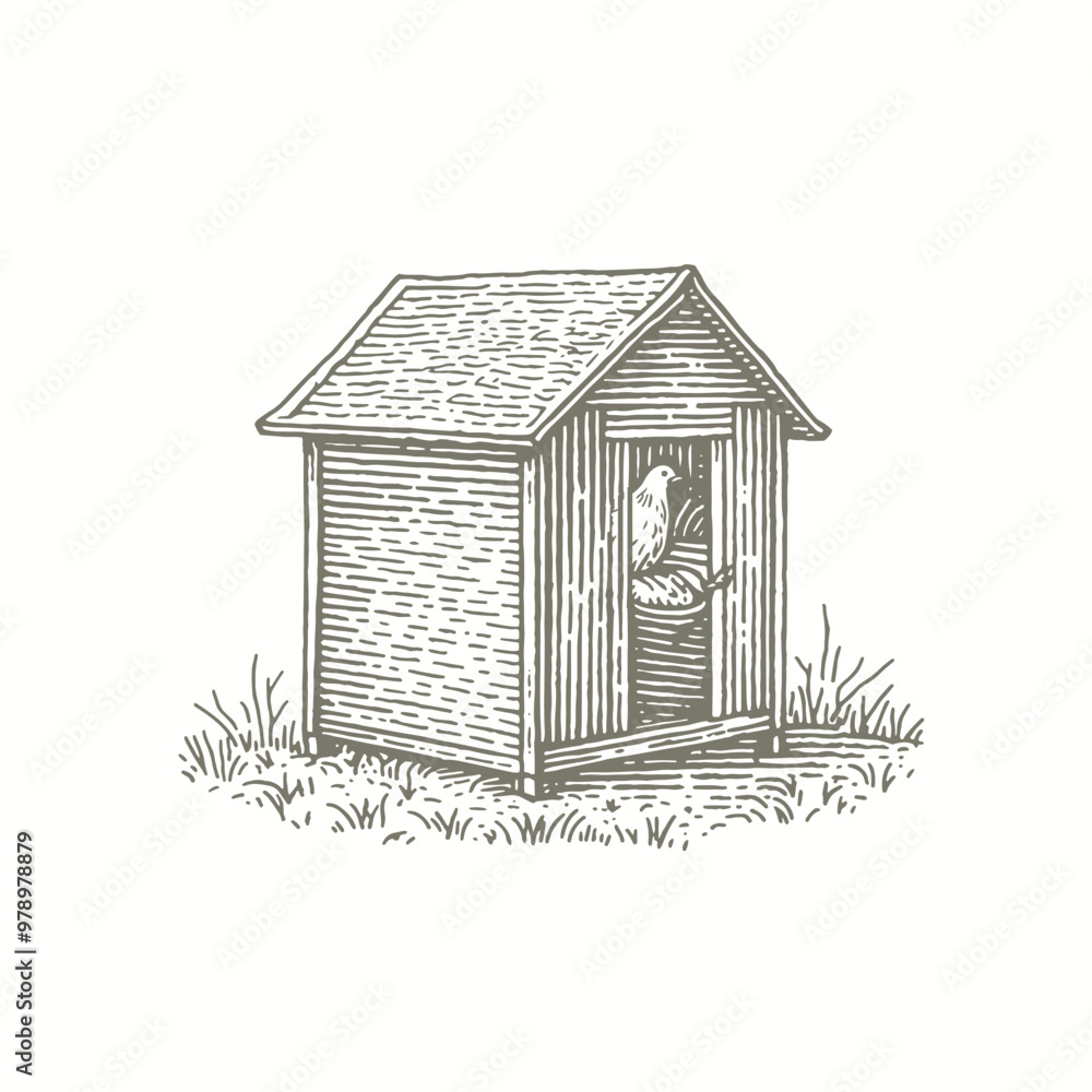 engraving of a drawing of a small outhouse with a man inside Stock ...