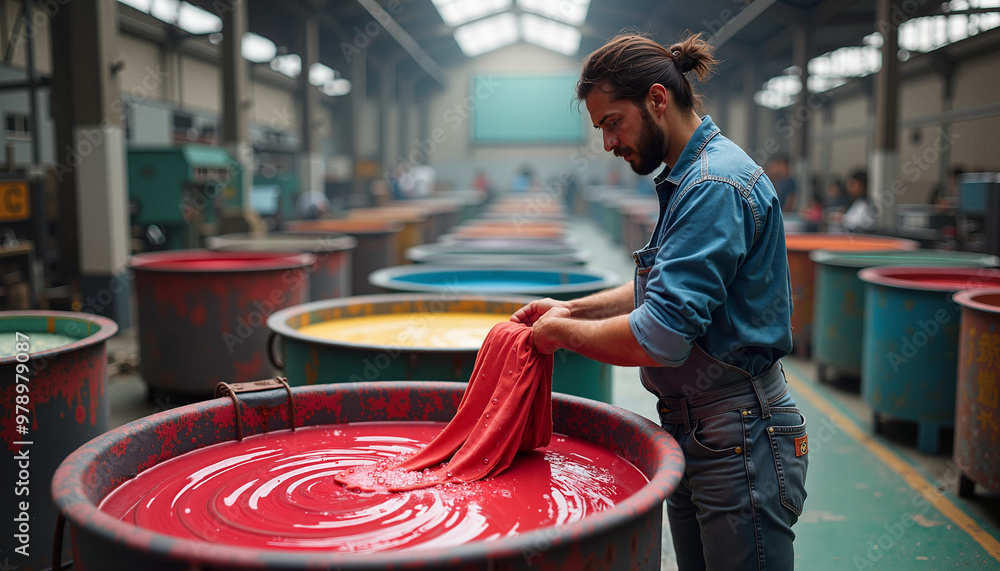 Male textile worker dyeing fabric in large dye vats inside a factory ...