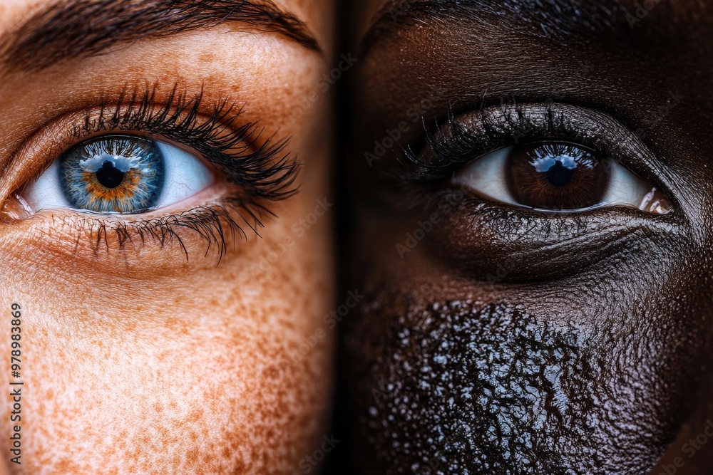 This striking image shows two contrasting faces, side by side, one with ...