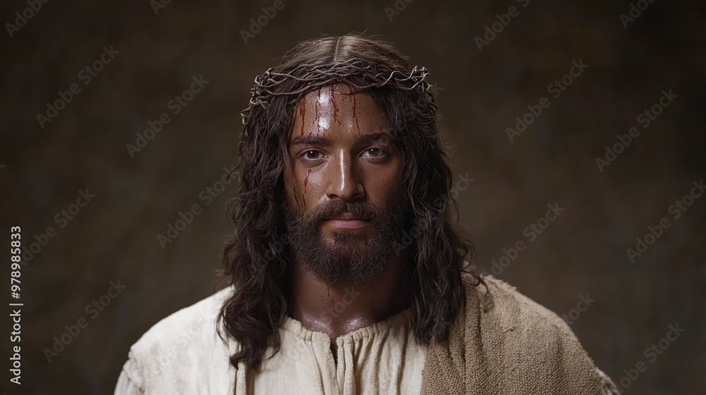 Pensive Jesus Christ wearing a crown of thorns with blood on his ...