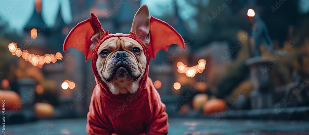 Cute bulldog in a red Halloween devil costume with wings, background of ...