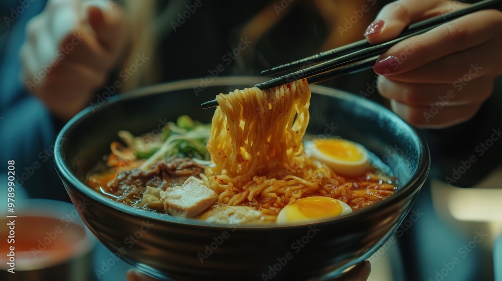 Young asian woman eating Serving a Korean style instant noodle, Ramyeon ...