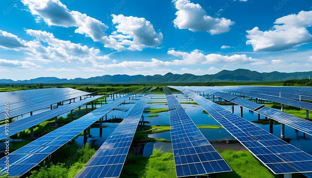 Vibrant solar panel installation under a clear blue sky highlighting ...