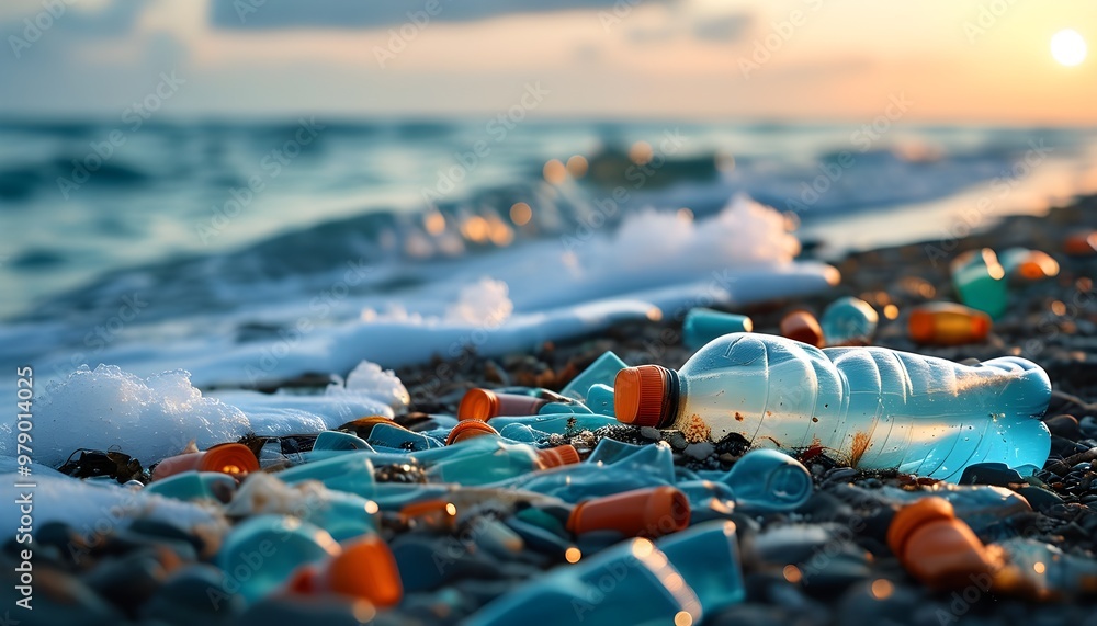 Dramatic ocean shore revealing plastic pollution, highlighting the ...