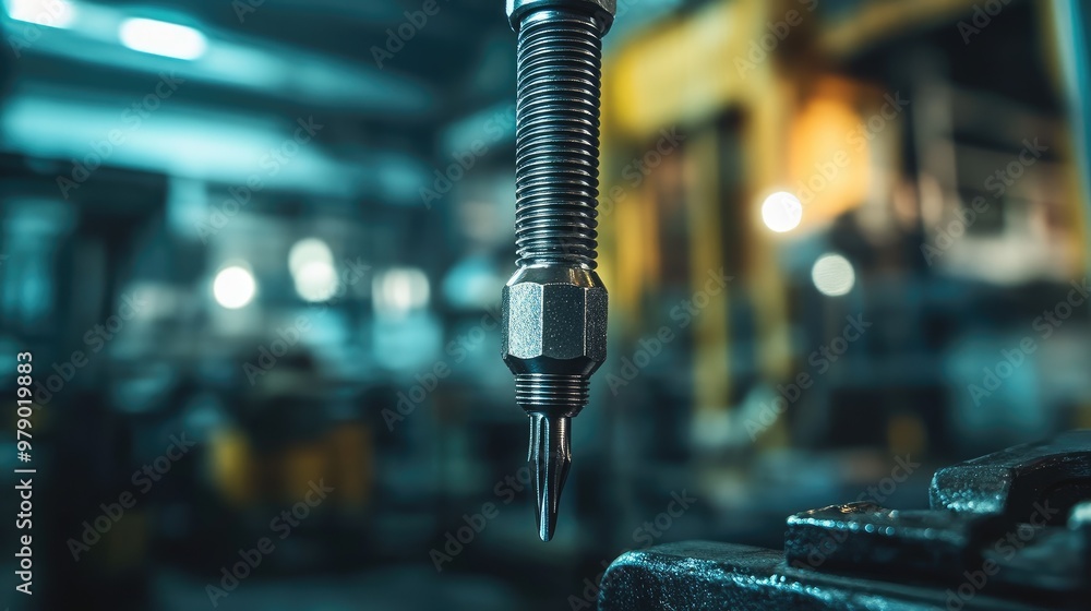 Close-up of an industrial screwdriver in a warehouse, the metal's ...