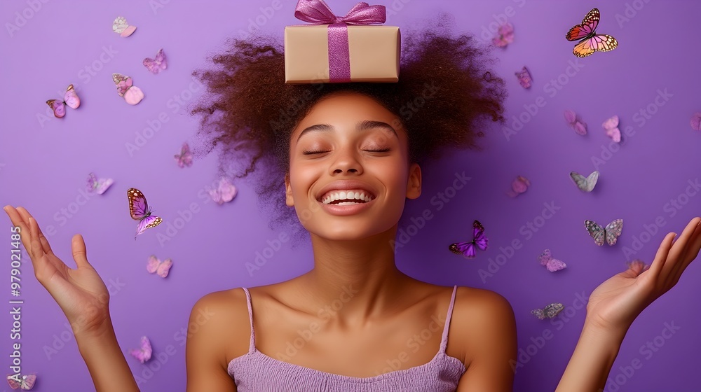 Person Balances Gift Box on Head with Arms Out and Concentrated Expression on Purple Studio ...