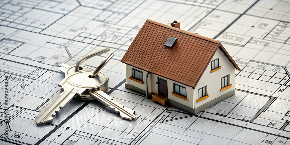 House model and keys on architectural plan drawing, house, model, keys ...