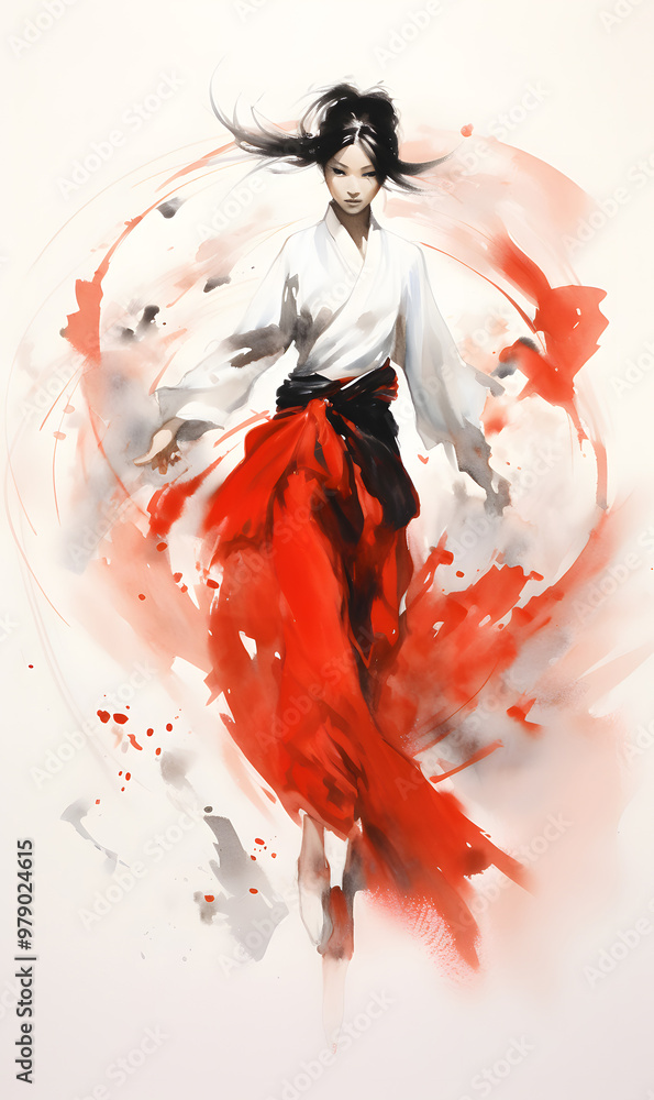 Asian woman practices Chinese martial arts, kung fu, taichi, taiji ...