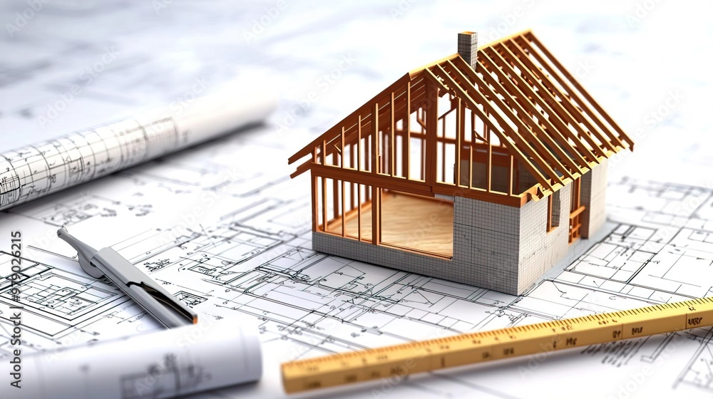 3D illustration of a building construction concept, featuring a house ...