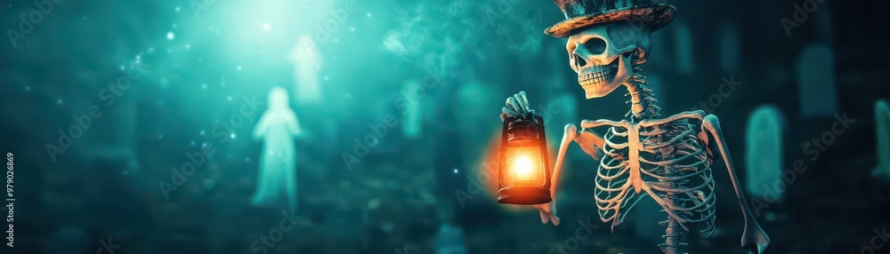 A skeleton wearing a tattered top hat and holding a glowing lantern ...
