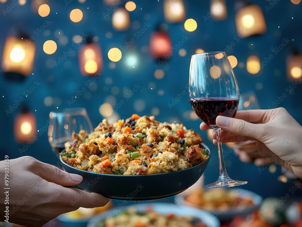 A Thanksgiving feast on a farm table under the stars, with lanterns ...