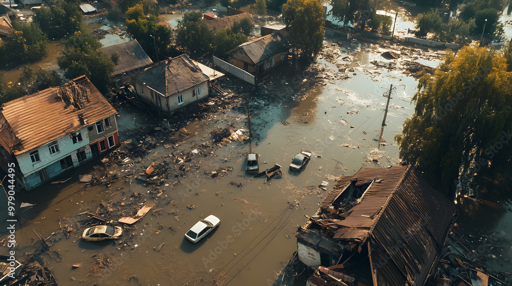 An aerial view of a catastrophic flood showing submerged buildings and cars. The image ...