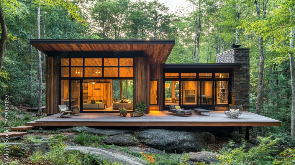 A contemporary cube house with a rustic wooden facade, large glass ...