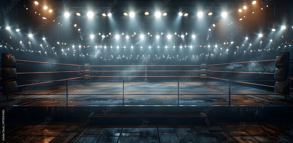 Empty boxing ring with spotlights and smoke. 3D Rendering - Generated ...