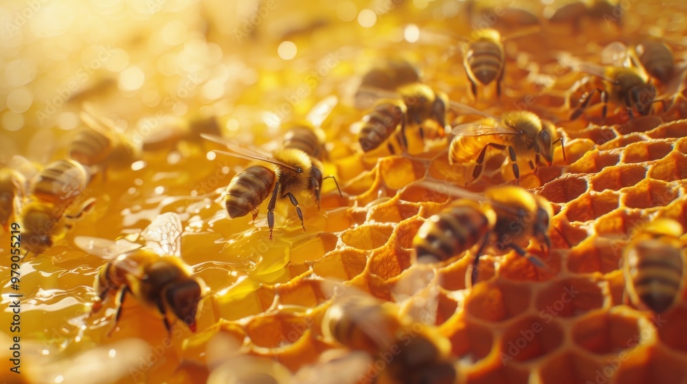 A photo showing honey bees on a honeycomb, with 11 bees in motion. Bees engaging in grooming on ...