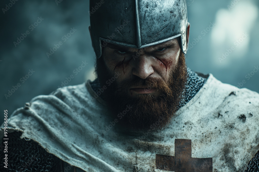 Medieval Templar crusader knight warrior in armor after battle with ...