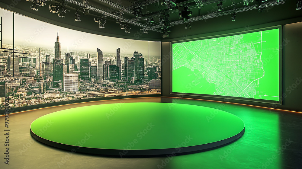 Cinematic news studio with a large green screen and an ultra-realistic ...